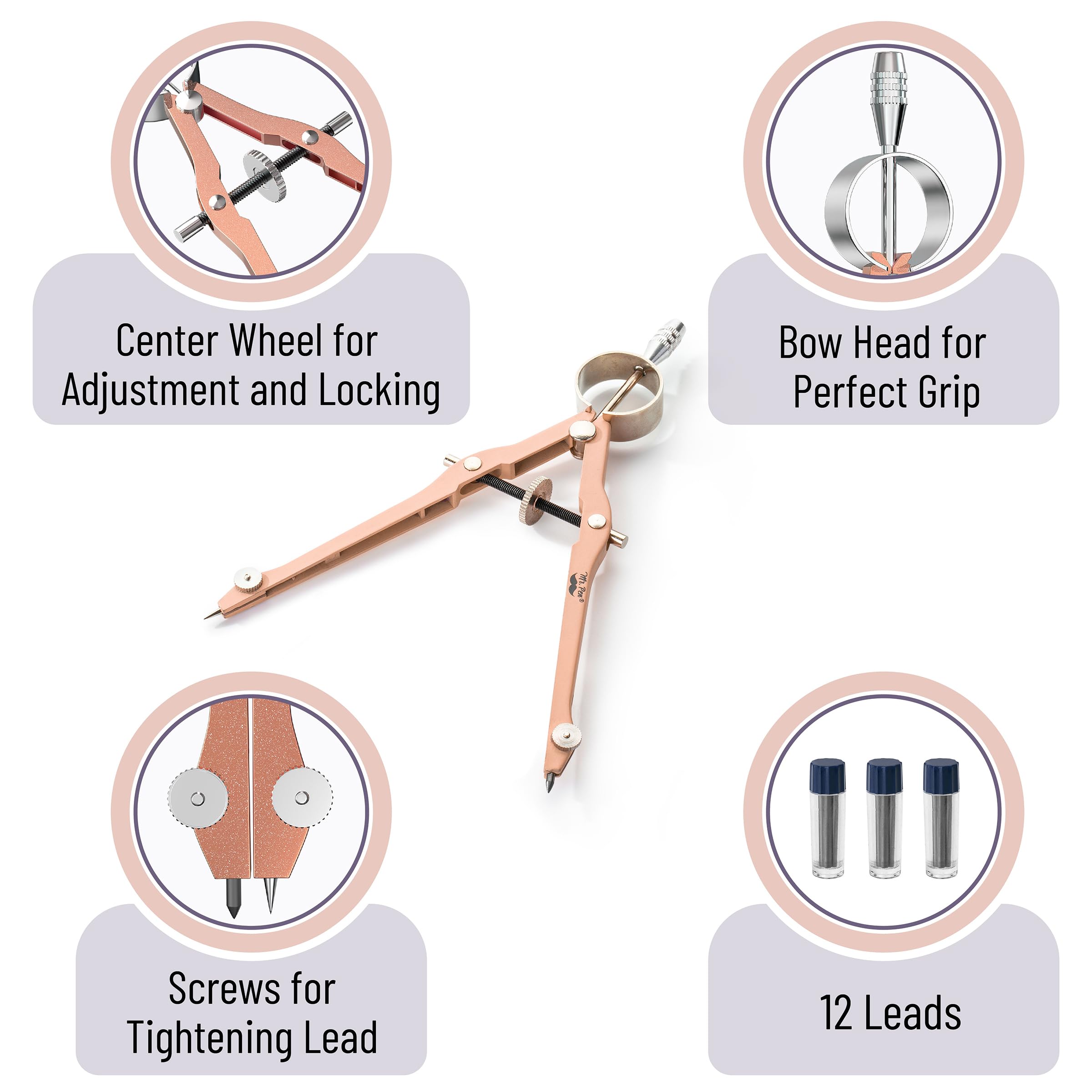 Mr. Pen Professional Geometry Compass - Rose Gold, Metal with Lock, Drawing & Drafting Compass - Extra Leads Included