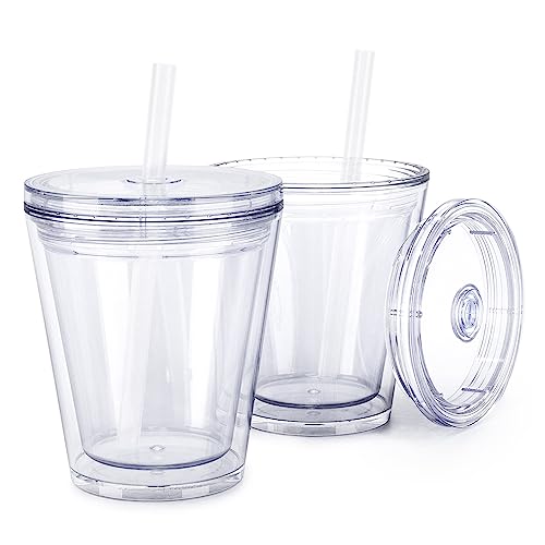 Maars Classic Acrylic Tumbler with Lid and Straw | 10oz Kids Premium Insulated Juice Cups, Double Wall Reusable Plastic Cups - Clear, 2 Pack