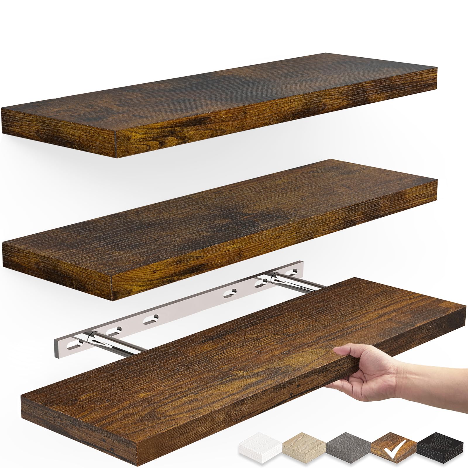 BAYKA Floating Wood Shelves - Wall Mounted for Bathroom,Bedroom,Living Room,Kitchen,Small Hanging Shelf for Books/Storage/Room Decor with 22lbs Capacity(Rustic Brown,Set of 3,15.7inch)