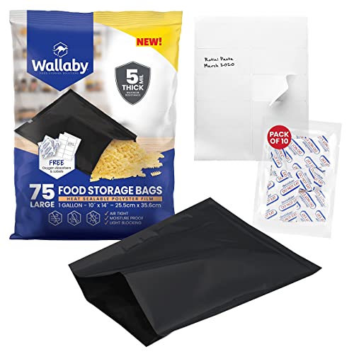 15x Silver 5 Gallon Wallaby Mylar Bag - (5 Mil) and 75 Wallaby Mylar Bags - Bundle - 1 Gallon - Matte Black (5 Mil - 10ββx14ββ), Oxygen Absorbers, Labels - Resealable Zipper, Heat Seal, FDA Grade