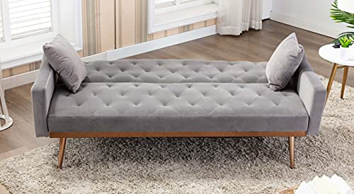 NOSGA Velvet Sofa, Convertible Loveseat Accent Sofa with Two Pillows, Modern Sleeper Sofa Couch Rose Gold Metal Feet for Living Room, Bedroom (Grey)
