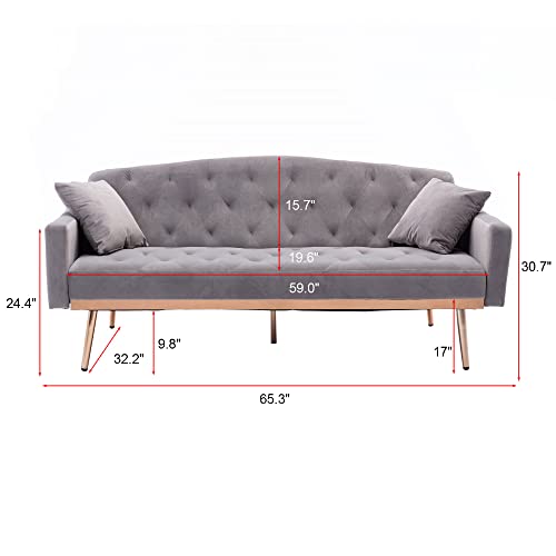 NOSGA Velvet Sofa, Convertible Loveseat Accent Sofa with Two Pillows, Modern Sleeper Sofa Couch Rose Gold Metal Feet for Living Room, Bedroom (Grey)