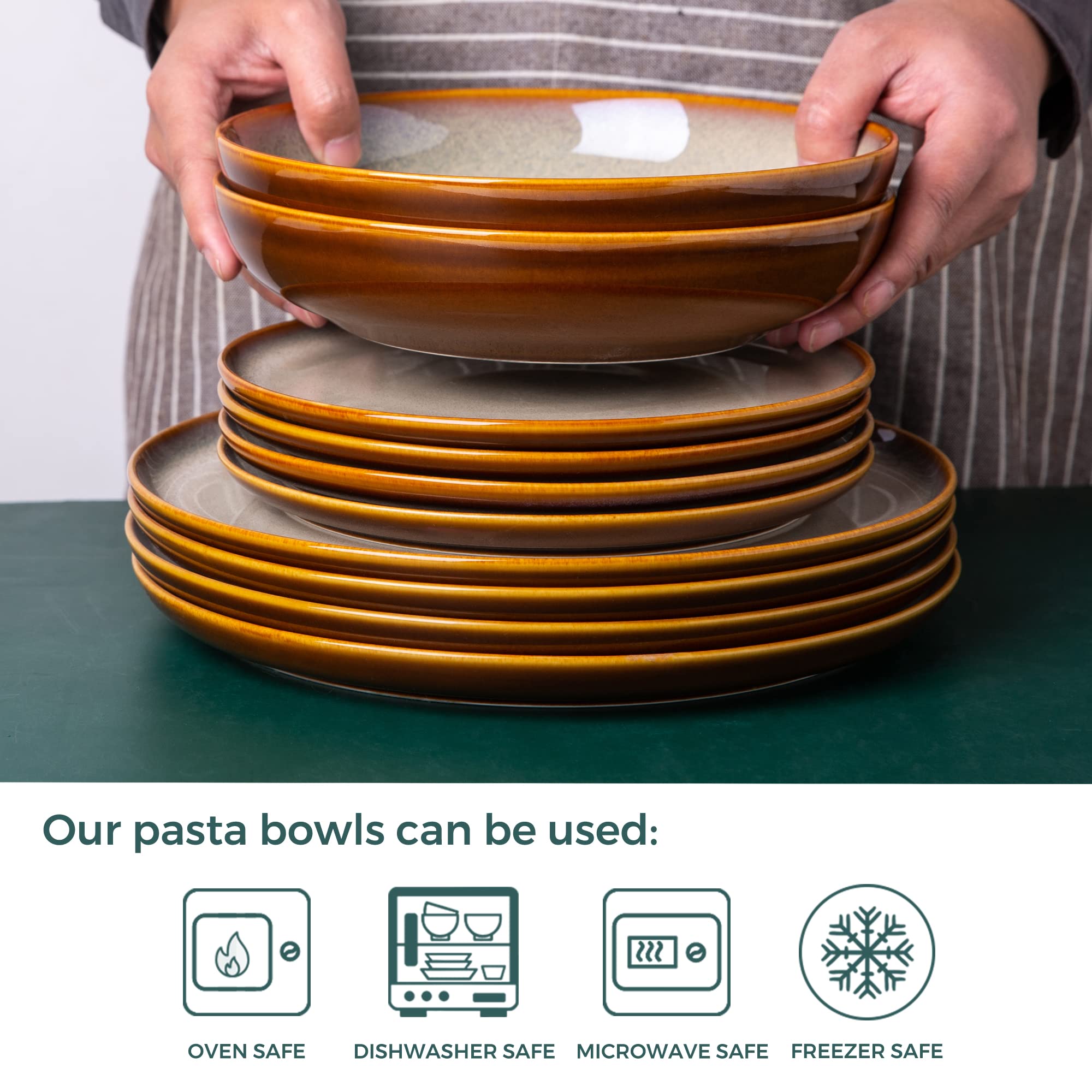 LERATIO Large Pasta Bowls,38oz Ceramic Pasta Bowls,9.0" Reactive Glaze Pasta Bowl Set of 4,Microwave & Dishwasher,Oven Safe,Wide Serving Bowls for Salad,Pasta,Fruit,Scratch Resistant-Khaki