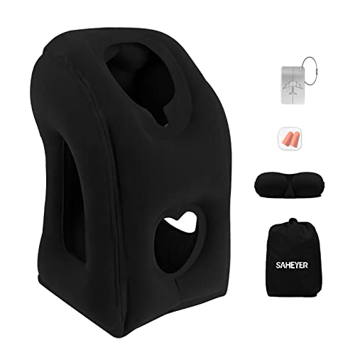 SAHEYER Inflatable Travel Pillow, Inflatable Neck Pillow for Airplane Travel Essentials and Office Nap, with 3D Eye Mask, Earplugs, Luggage Tag Initial & Portable Drawstring Bag (Black)
