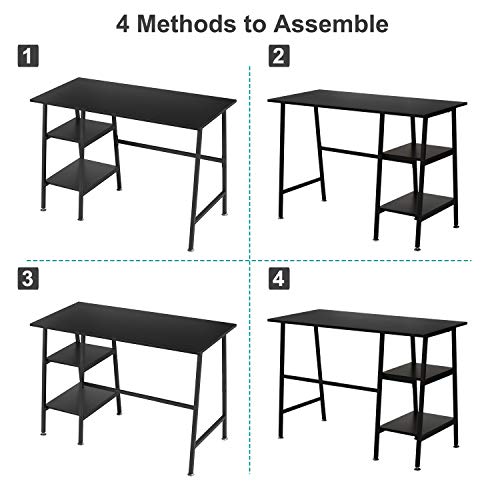 VECELO Home Office Computer Desk Writing Study Workstation with 2 Tier Storage Shelves on Left or Right, Industrial Simple Style Wood Table & Metal Frame, Black, 43 in x 20 in x 30