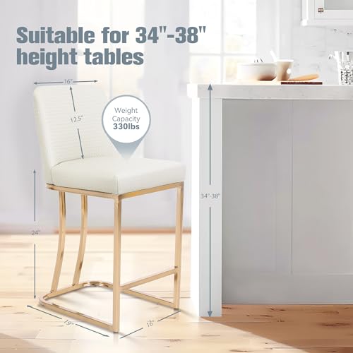 Erste!Bravo Creamy White Counter Height Bar Stools Set of 4 for Kitchen Counter 24 Inch Modern Gold Barstools with Back Faux Leather Upholstered Farmhouse Bar Chairs Island Stools, Creamy White+Gold