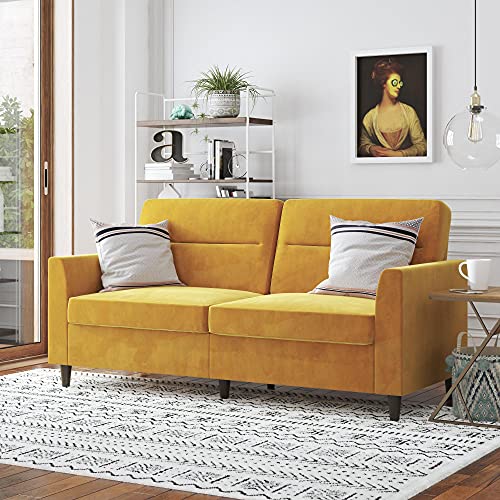 Novogratz Concord Sofa, Small Space Living Room 3 Seater, Pocket Coil Cushions, Mustard Yellow Velvet