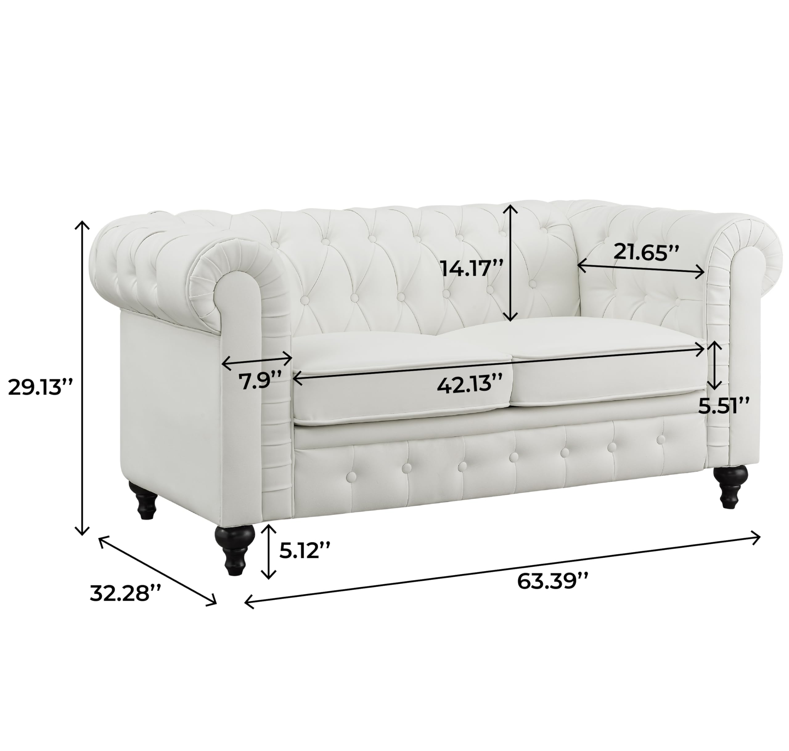 Naomi Home Emery Chesterfield Sofa with Rolled Arms, Tufted Cushions / 3 Seater Sectional Sofa Couch for Small Spaces, Living Room, Bedroom, Apartment Easy Tool-Free Assembly - White, Air Leather
