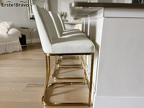 Erste!Bravo Creamy White Counter Height Bar Stools Set of 4 for Kitchen Counter 24 Inch Modern Gold Barstools with Back Faux Leather Upholstered Farmhouse Bar Chairs Island Stools, Creamy White+Gold