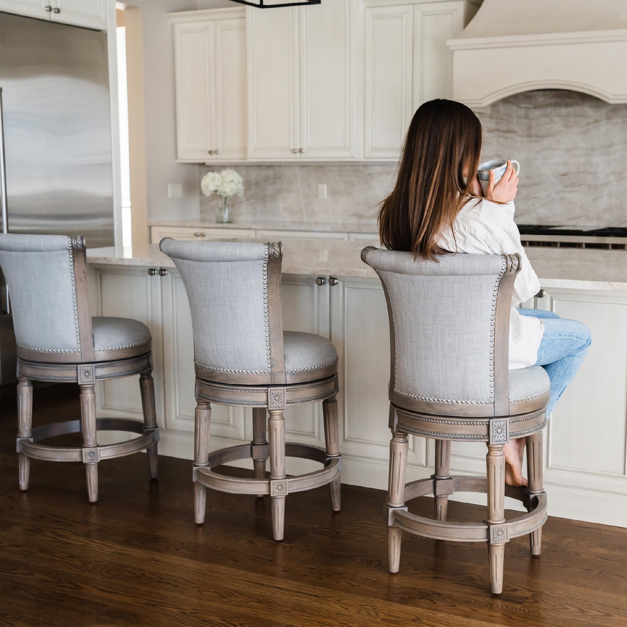Maven Lane Pullman 26 Inch Tall Counter Height Upholstered Barstool with Back in Reclaimed Oak Finish with Ash Grey Fabric Cushion Seat, Set of 3