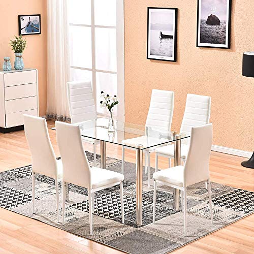 4HOMART Yvonne&F.L.A.M. 7PCS Dining Table and White Chairs Set Glass Dining Kitchen Table Set Modern Tempered Glass Top Table and White PU Leather Chairs