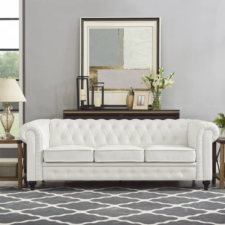 Naomi Home Emery Chesterfield Sofa with Rolled Arms, Tufted Cushions / 3 Seater Sectional Sofa Couch for Small Spaces, Living Room, Bedroom, Apartment Easy Tool-Free Assembly - White, Air Leather