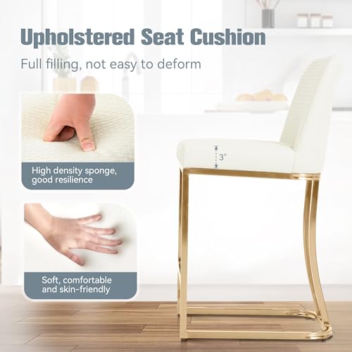 Erste!Bravo Creamy White Counter Height Bar Stools Set of 4 for Kitchen Counter 24 Inch Modern Gold Barstools with Back Faux Leather Upholstered Farmhouse Bar Chairs Island Stools, Creamy White+Gold