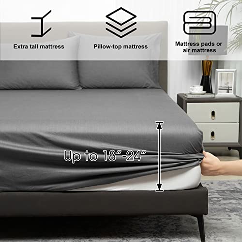 HYPREST Extra Deep Pocket Queen Sheet Sets Fits 18"-24" in Deep Mattress -100% Cotton Queen Sheet Set 400 Thread Count,Grey Hotel Luxury Soft Wrinkle Free Cooling Sheet Sets for Queen Bed Deep Pocket