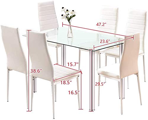 4HOMART Yvonne&F.L.A.M. 7PCS Dining Table and White Chairs Set Glass Dining Kitchen Table Set Modern Tempered Glass Top Table and White PU Leather Chairs