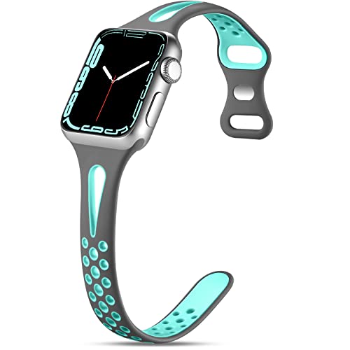 Getino Compatible with Apple Watch Band 41mm 40mm 38mm 42mm 44mm 45mm 49mm iWatch SE Ultra Series 8 7 6 5 4 3 2 1 Women Men, Stylish Durable Soft Silicone Breathable Slim Sport Watch Bands, Gray/Teal