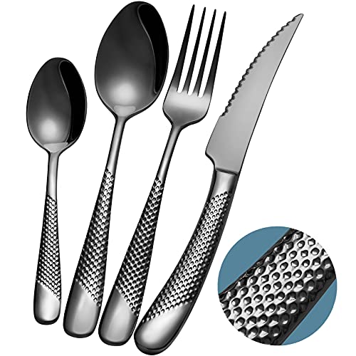 Xideman 16-Piece Modern Black Hammered Silverware Set with Ultra Sharp 2-IN-1 Serrated Knive, 18/10 Stainless Steel Flatware Set, Titanium Plated Cutlery Set Service for 4, Reusable, Dishwasher Safe