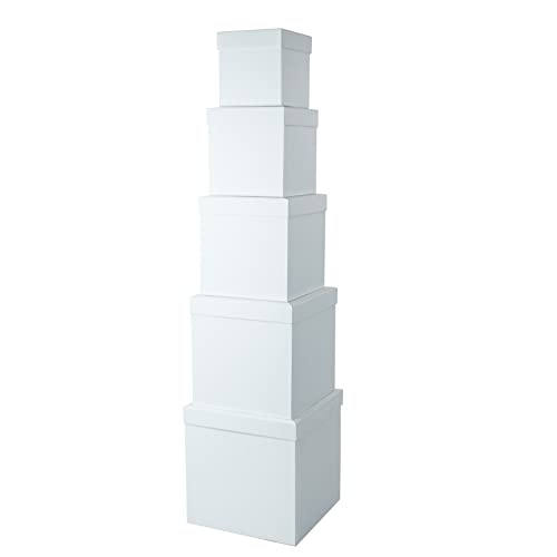 FAiVICA 5pk White Stackable Nesting Gift Boxes with Lids, Small Big Assorted Sizes Paper Box Tower. for Gifts, Decorative,Crafting, Birthday, Wedding, Anniversary, Party Presentation-Square Set 5