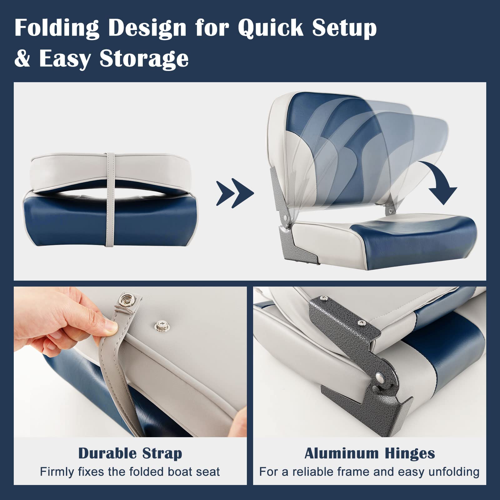 Goplus Low/High Back Boat Seats, Folding Boat Seat with Stainless Steel Screws & Aluminum Hinges, Thickened Sponge Padding, Waterproof Fishing Captain Boat Seats(2 Packs Navy & Gray)