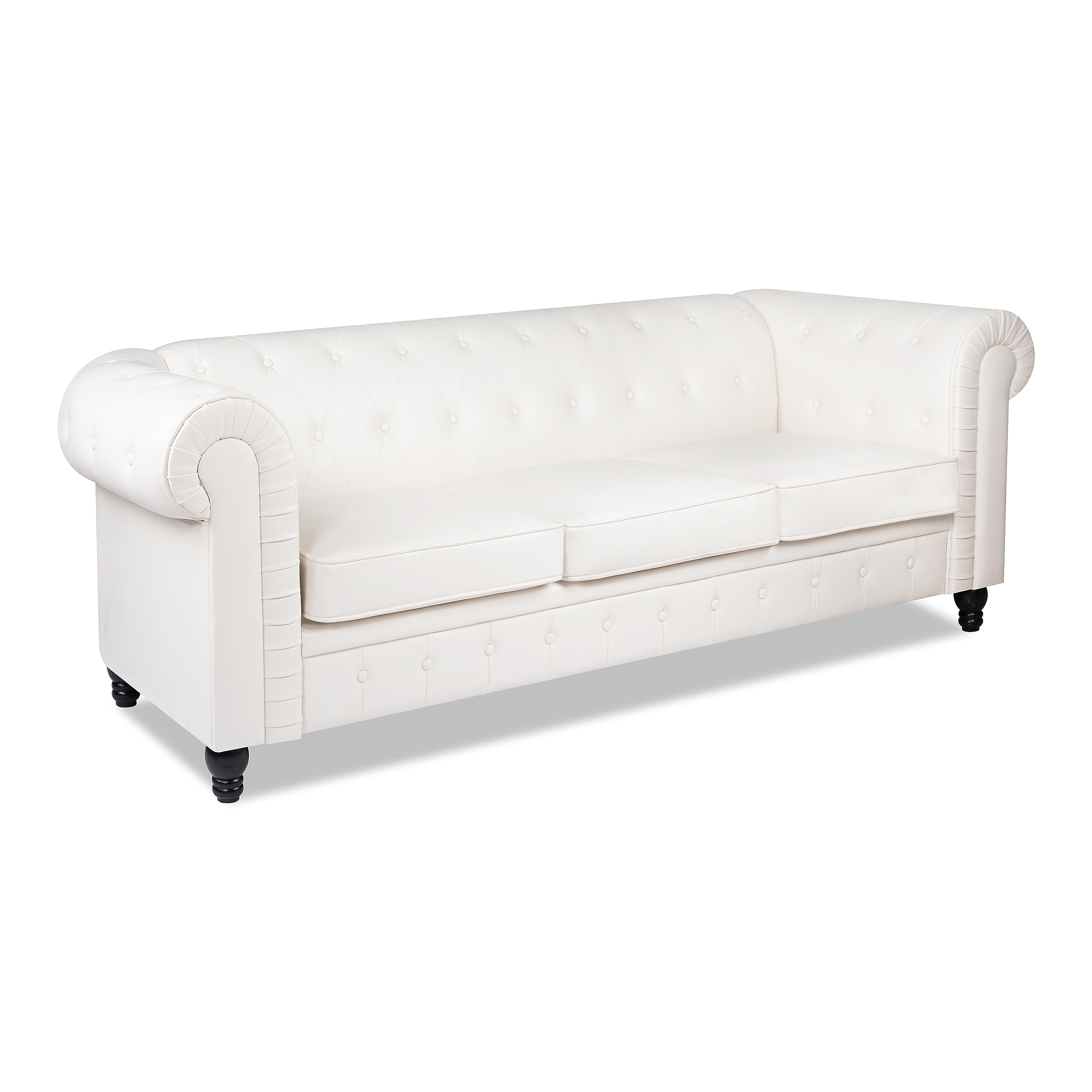 Naomi Home Emery Chesterfield Sofa with Rolled Arms, Tufted Cushions / 3 Seater Sectional Sofa Couch for Small Spaces, Living Room, Bedroom, Apartment Easy Tool-Free Assembly - White, Air Leather