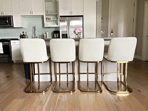 Erste!Bravo Creamy White Counter Height Bar Stools Set of 4 for Kitchen Counter 24 Inch Modern Gold Barstools with Back Faux Leather Upholstered Farmhouse Bar Chairs Island Stools, Creamy White+Gold