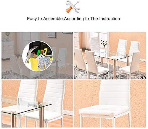 4HOMART Yvonne&F.L.A.M. 7PCS Dining Table and White Chairs Set Glass Dining Kitchen Table Set Modern Tempered Glass Top Table and White PU Leather Chairs