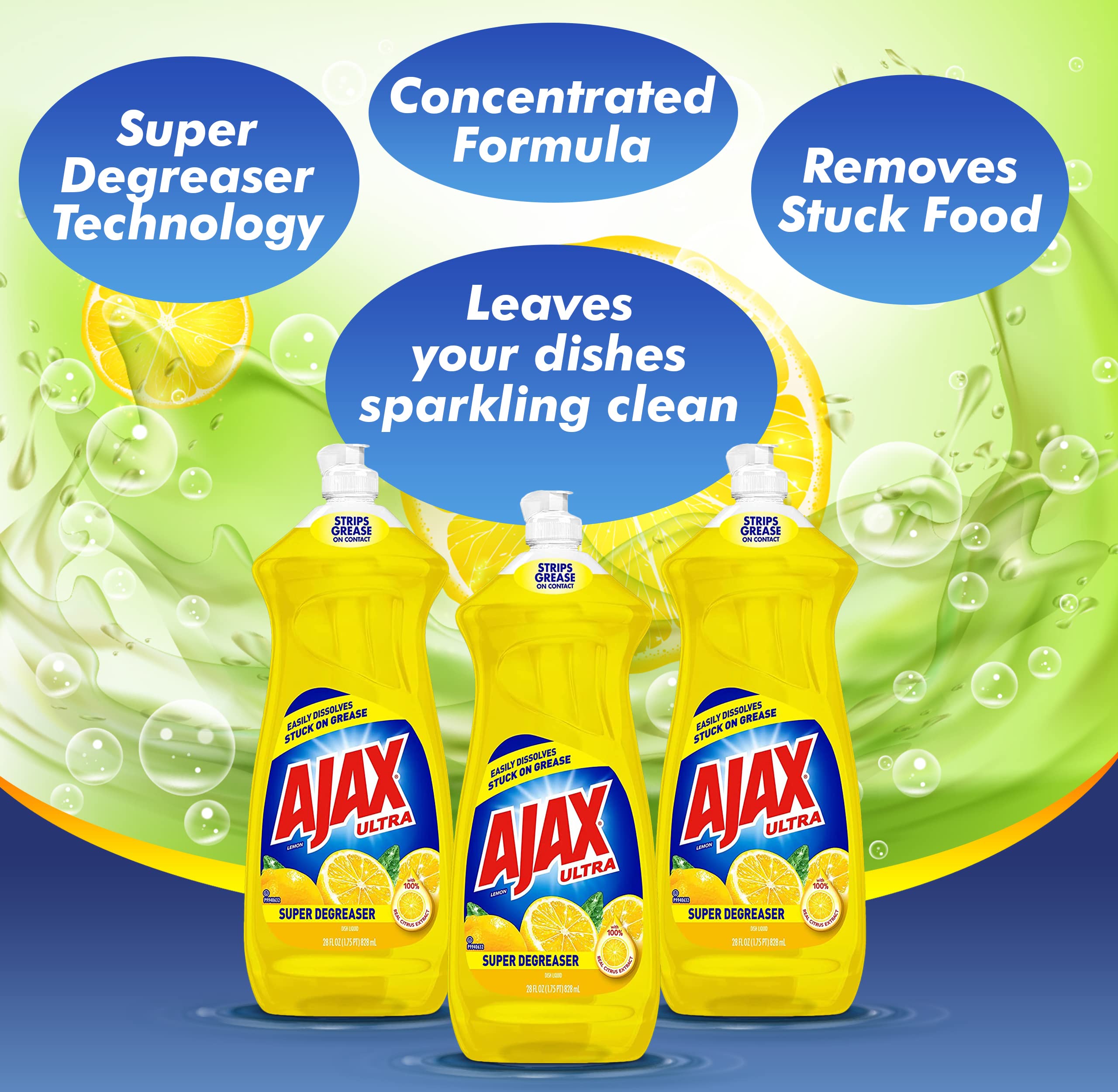 Ajax Dishwashing Liquid Dish Soap, 28 Ounce Ajax Dish Soap Lemon Scent Super Degreaser and Cleaner, All Purpose Cleanser, Total 84 Ounces, 3 Pack