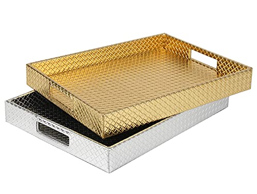 HofferRuffer Rectangle Serving Tray with Hole Handles for Coffee Table, Breakfast, Tea, Food, Butler - Countertop, Kitchen, Vanity Serve Tray, 16.2 x 12.2 x 2 inches, Faux Leather Tray (Gold)