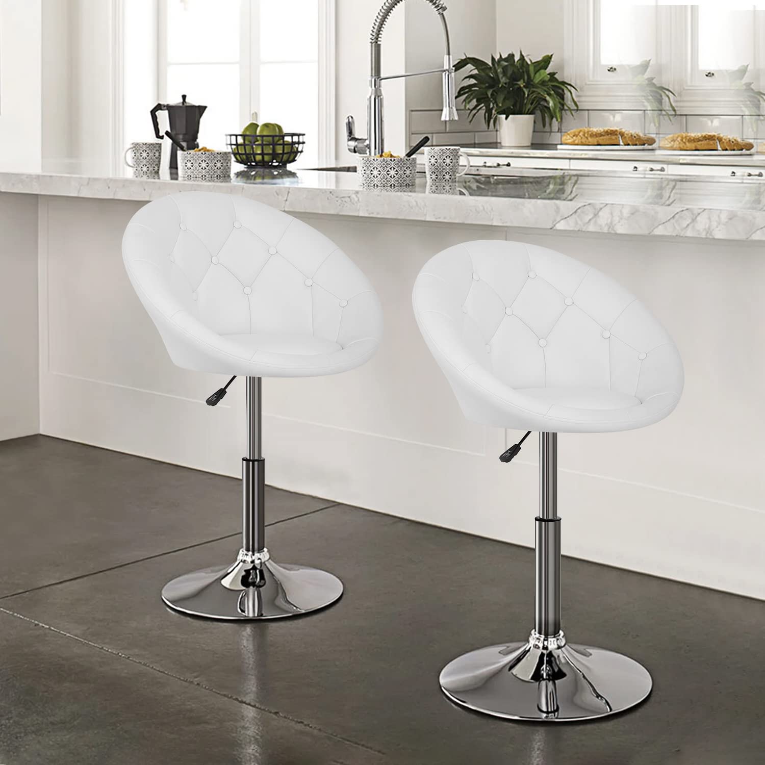 Living Room Vanity Chair Makeup Chair Swivel Accent Chair Round Back Height Adjustable PU Leather Modern Chair for Makeup Room Small Desk,White
