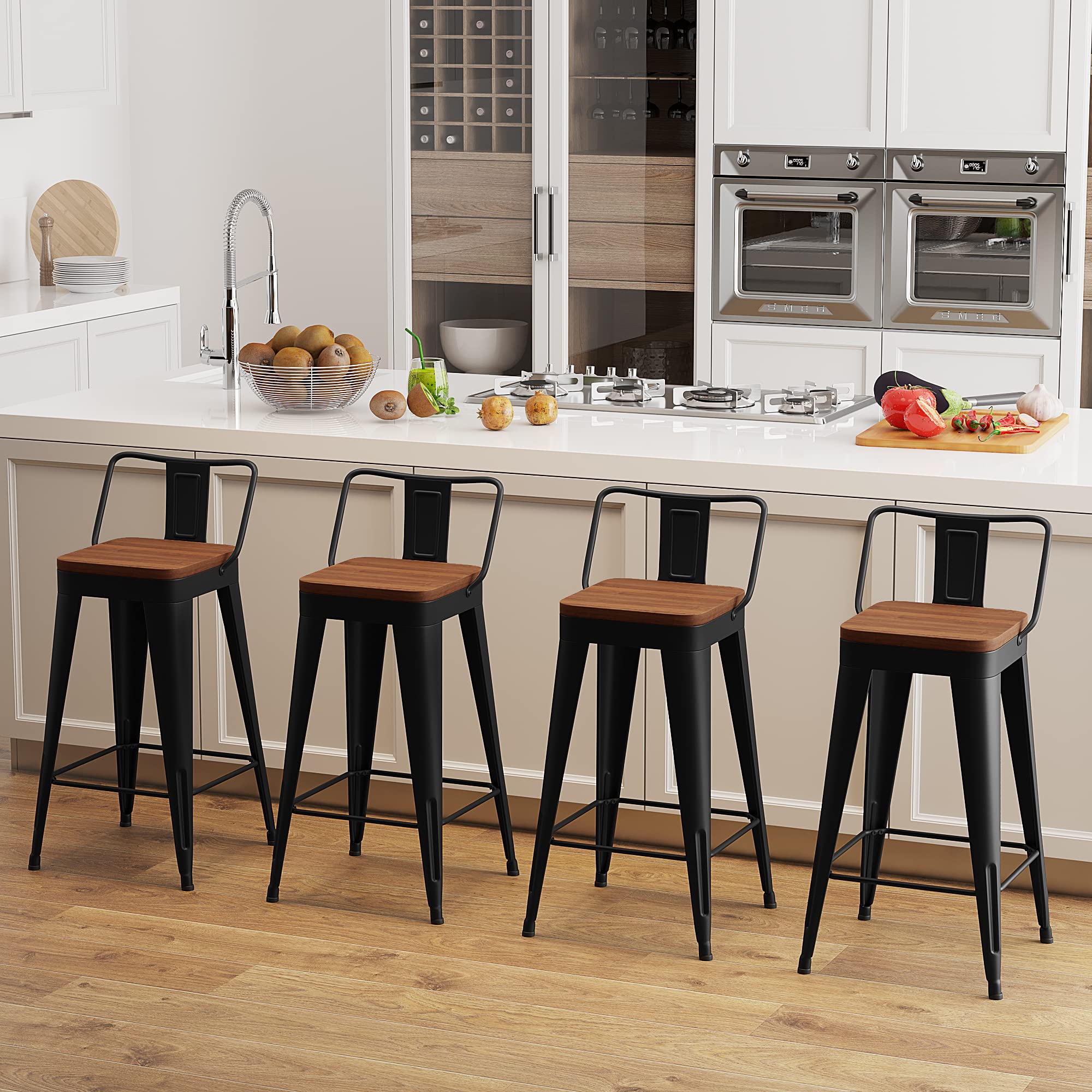 POINTANT Bar Stools Set of 4 Metal Bar Stool Counter Height Bar Stools Black, Modern 24" Bar Chairs with Back and Wooden Seat Bar Stools Counter Height