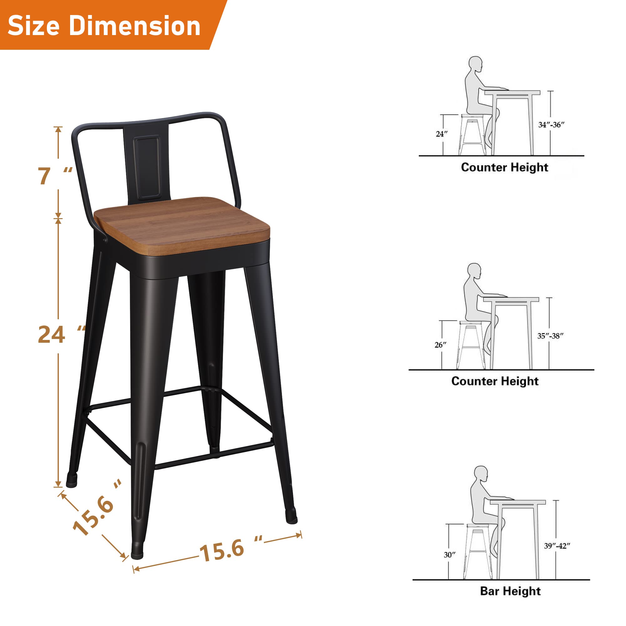 POINTANT Bar Stools Set of 4 Metal Bar Stool Counter Height Bar Stools Black, Modern 24" Bar Chairs with Back and Wooden Seat Bar Stools Counter Height