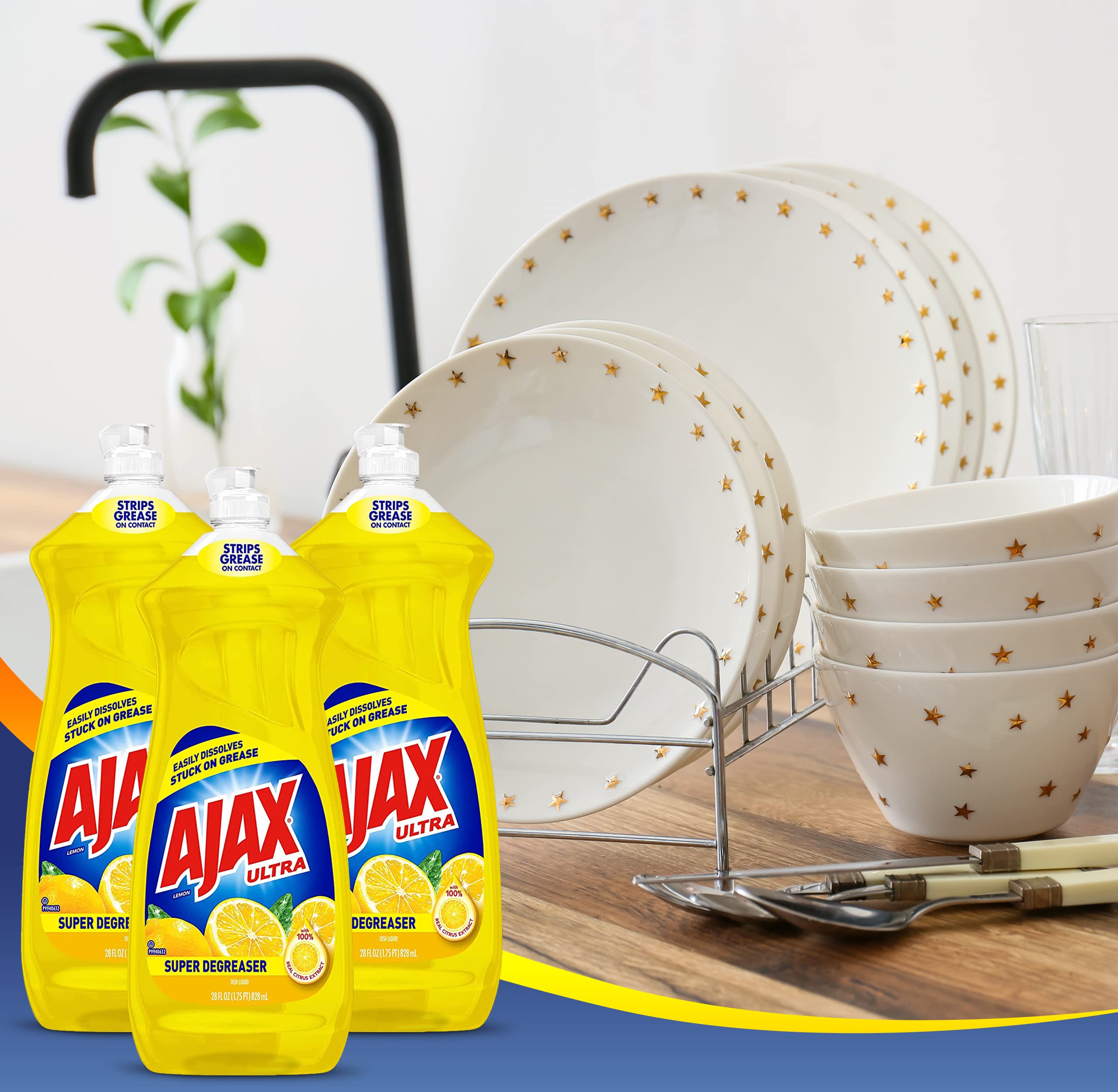 Ajax Dishwashing Liquid Dish Soap, 28 Ounce Ajax Dish Soap Lemon Scent Super Degreaser and Cleaner, All Purpose Cleanser, Total 84 Ounces, 3 Pack
