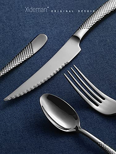 Xideman 16-Piece ​Modern Black Hammered Silverware Set with Ultra Sharp 2-IN-1 Serrated Knive, 18/10 Stainless Steel Flatware Set, Titanium ​Plated Cutlery Set Service for 4, Reusable, Dishwasher Safe