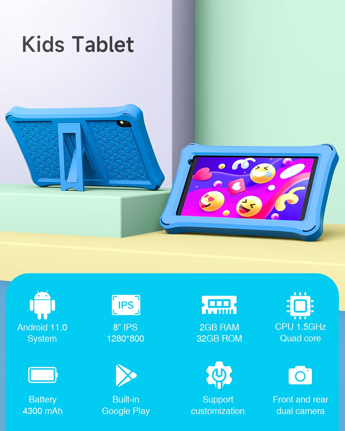 Tablet for Kids, 8 inch Kids Tablet 2GB RAM 32GB ROM Android 11 Tablets IPS Touch Screen 1280x800, Iwawa & Parent Control Toddler Tablet, WiFi, Dual Camera, 4300mAh Battery, Shockproof Case, Blue
