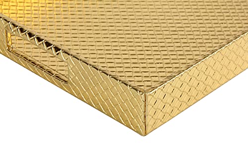 HofferRuffer Rectangle Serving Tray with Hole Handles for Coffee Table, Breakfast, Tea, Food, Butler - Countertop, Kitchen, Vanity Serve Tray, 16.2 x 12.2 x 2 inches, Faux Leather Tray (Gold)