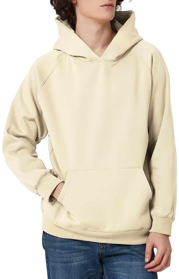 FLYCHEN Men's Solid Color Loose Hoodie Hip Hop Couples Long Sleeve Unisex Sweatshirt Apricot L