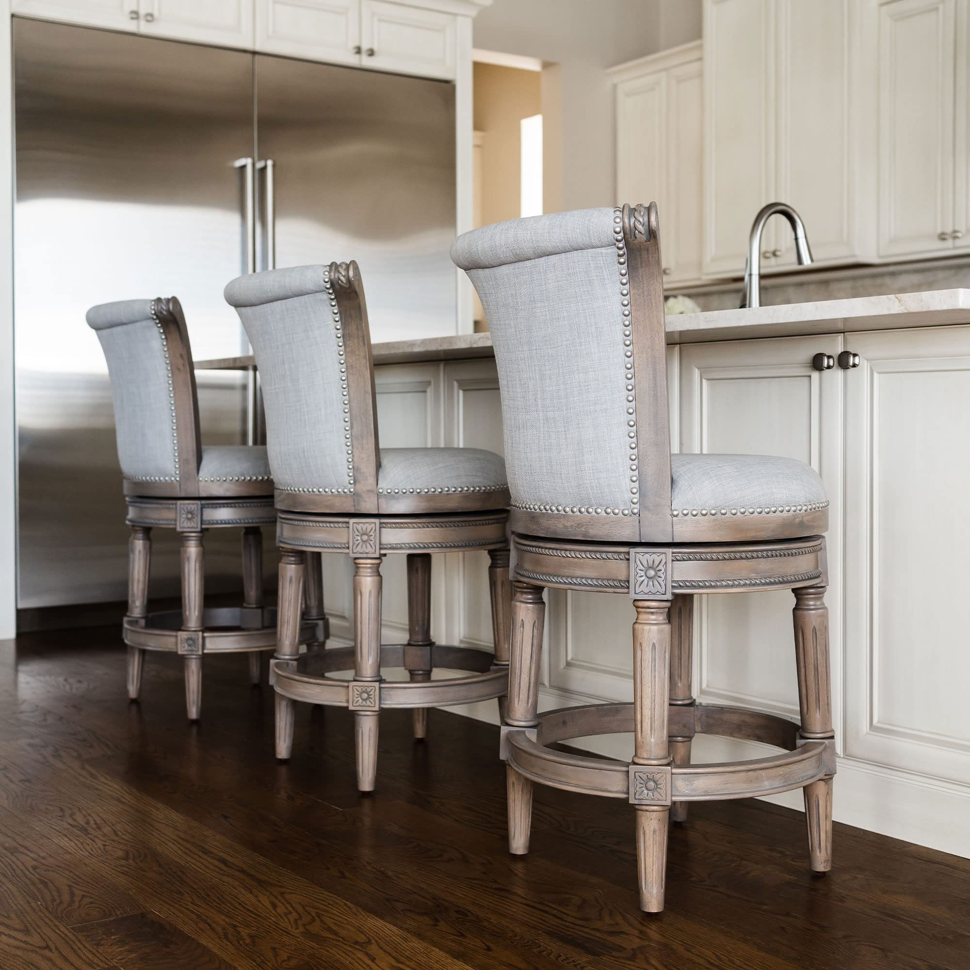Maven Lane Pullman 26 Inch Tall Counter Height Upholstered Barstool with Back in Reclaimed Oak Finish with Ash Grey Fabric Cushion Seat, Set of 3