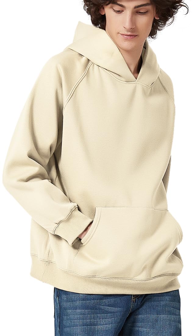 FLYCHEN Men's Solid Color Loose Hoodie Hip Hop Couples Long Sleeve Unisex Sweatshirt Apricot L