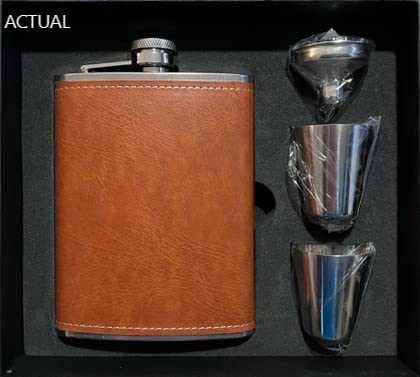 Brown Leather Hip Flask 8 Oz Stainless Steel PU Leather Wrap Flask Gift Set with 2 Cups & Funnel