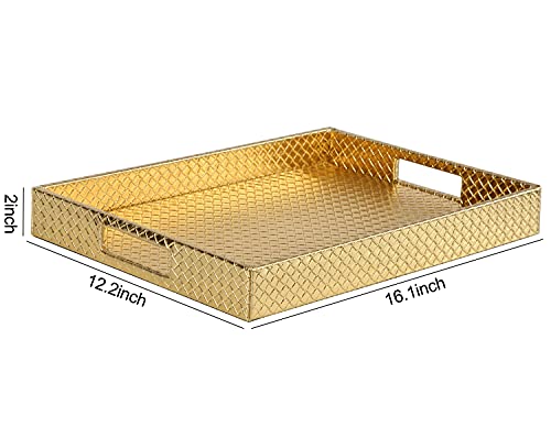 HofferRuffer Rectangle Serving Tray with Hole Handles for Coffee Table, Breakfast, Tea, Food, Butler - Countertop, Kitchen, Vanity Serve Tray, 16.2 x 12.2 x 2 inches, Faux Leather Tray (Gold)