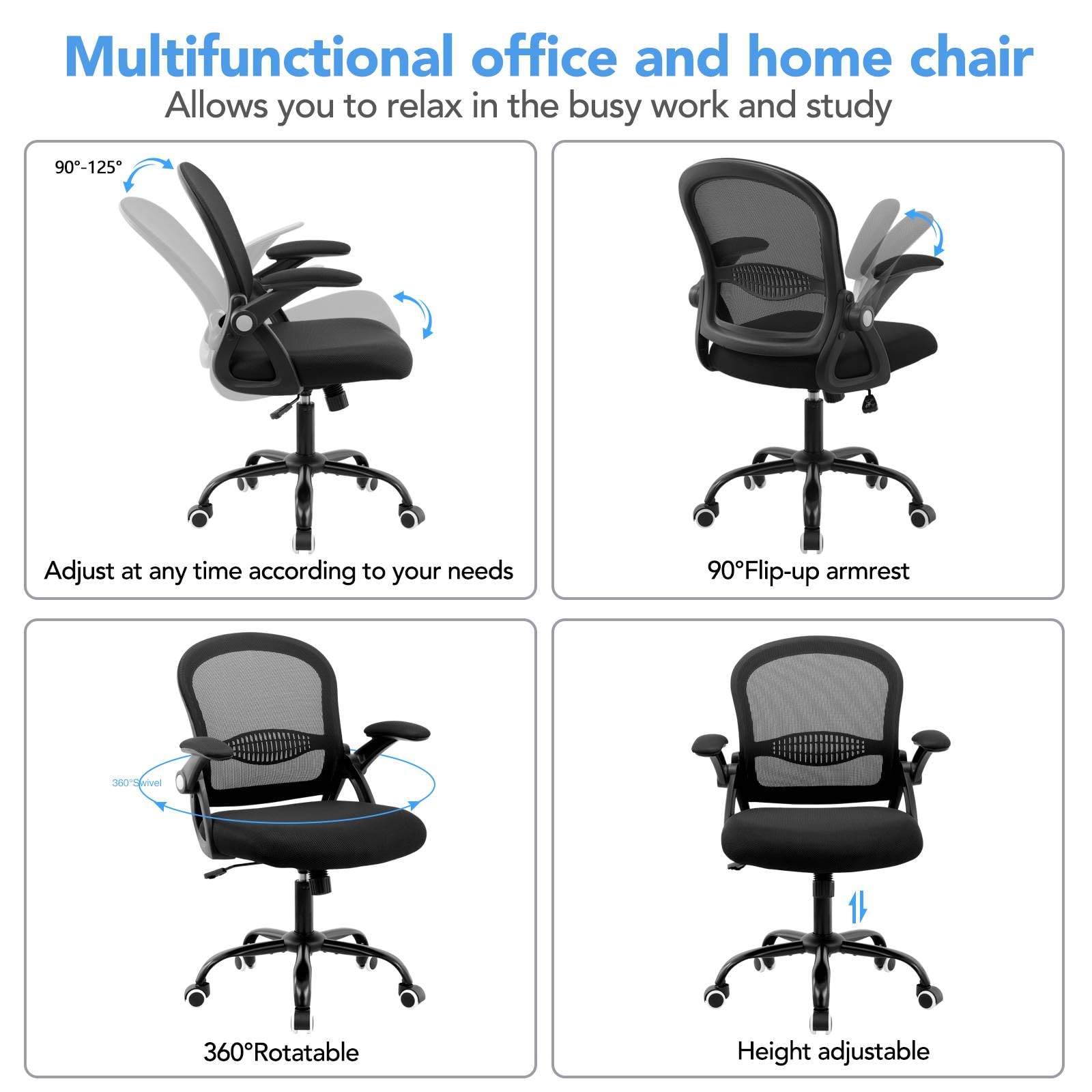 SAIBFARST Ergonomic Office Chair-Adjustable Height, Desk Chair with Wheels Mesh Computer Desk Chair with Flip-up Arms PU Leather Task Chair 300lbs