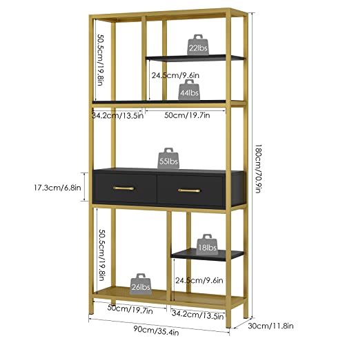 HITHOS Bookshelf, Tall Bookcase with 2 Drawers and Storage Shelves, Industrial Etagere Bookcase Book Shelves for Office, Living Room, Black/Gold