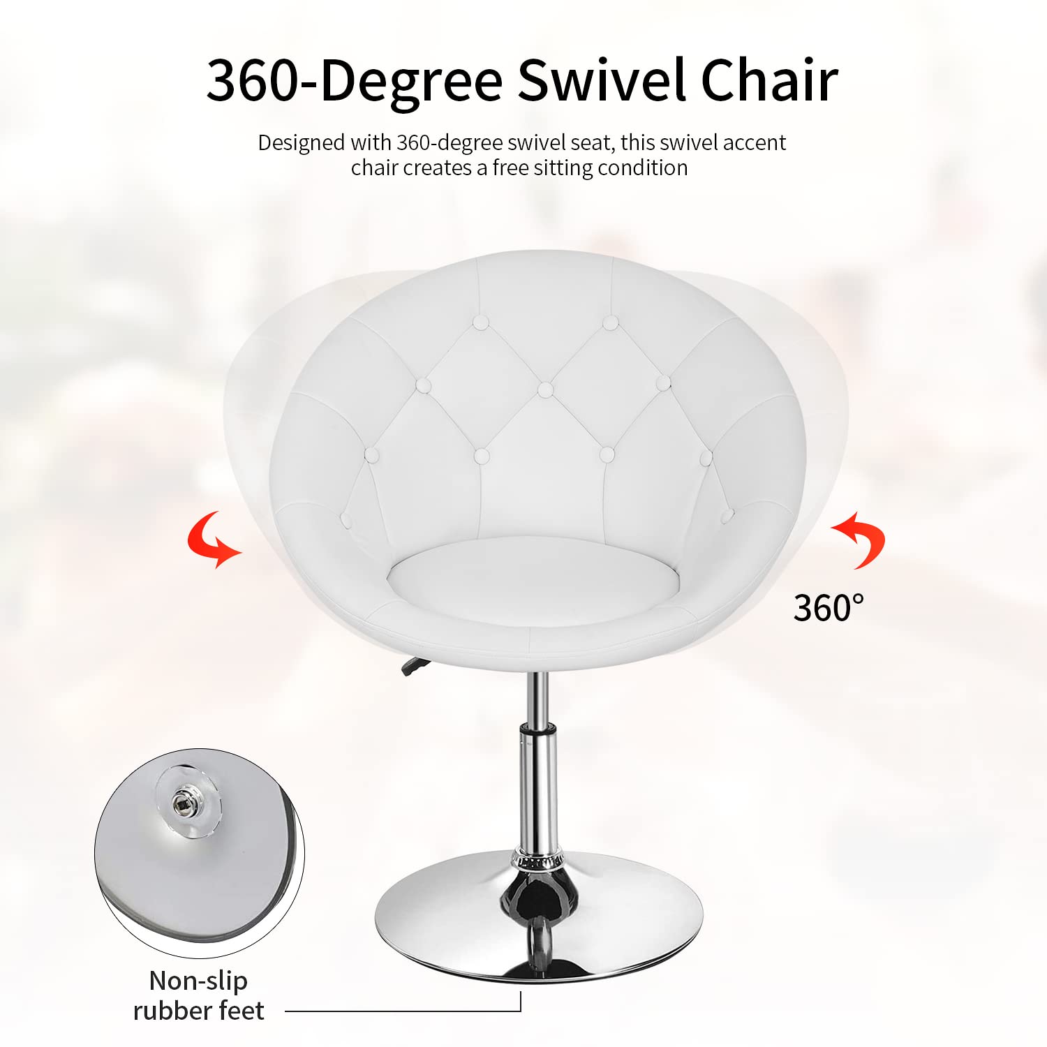 Living Room Vanity Chair Makeup Chair Swivel Accent Chair Round Back Height Adjustable PU Leather Modern Chair for Makeup Room Small Desk,White