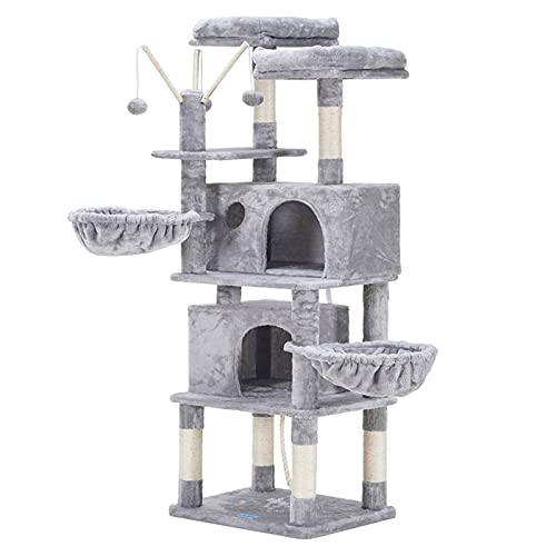 Hey-brother Cat Tree,Cat Tower,Cat Condo with Scratching Posts,Basket,2 Caves,2 Plush Perches,Activity Center with Removable Fur Ball Sticks,Light Grey MPJ027W
