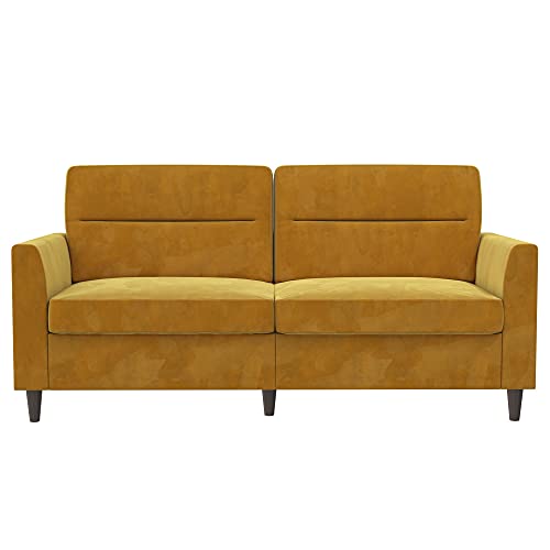Novogratz Concord Sofa, Small Space Living Room 3 Seater, Pocket Coil Cushions, Mustard Yellow Velvet