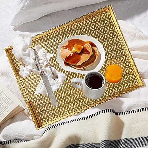 HofferRuffer Rectangle Serving Tray with Hole Handles for Coffee Table, Breakfast, Tea, Food, Butler - Countertop, Kitchen, Vanity Serve Tray, 16.2 x 12.2 x 2 inches, Faux Leather Tray (Gold)