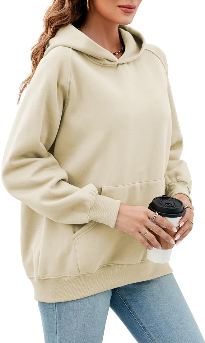 FLYCHEN Men's Solid Color Loose Hoodie Hip Hop Couples Long Sleeve Unisex Sweatshirt Apricot L