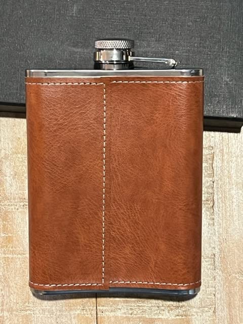 Brown Leather Hip Flask 8 Oz Stainless Steel PU Leather Wrap Flask Gift Set with 2 Cups & Funnel