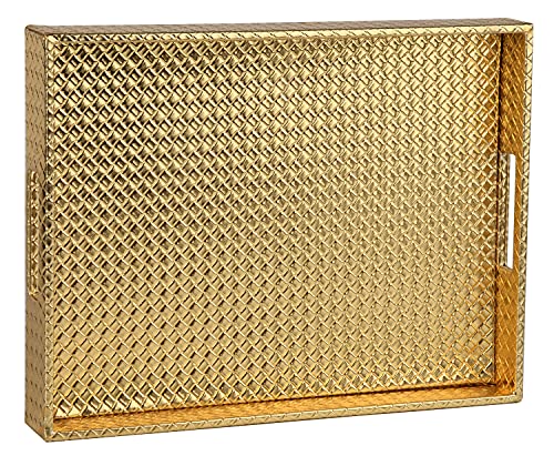 HofferRuffer Rectangle Serving Tray with Hole Handles for Coffee Table, Breakfast, Tea, Food, Butler - Countertop, Kitchen, Vanity Serve Tray, 16.2 x 12.2 x 2 inches, Faux Leather Tray (Gold)