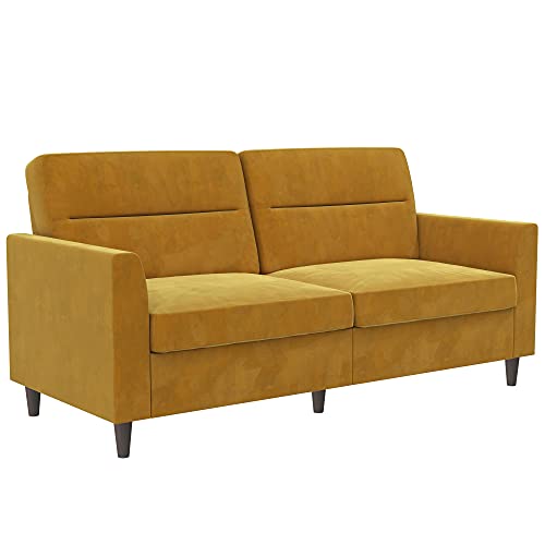 Novogratz Concord Sofa, Small Space Living Room 3 Seater, Pocket Coil Cushions, Mustard Yellow Velvet